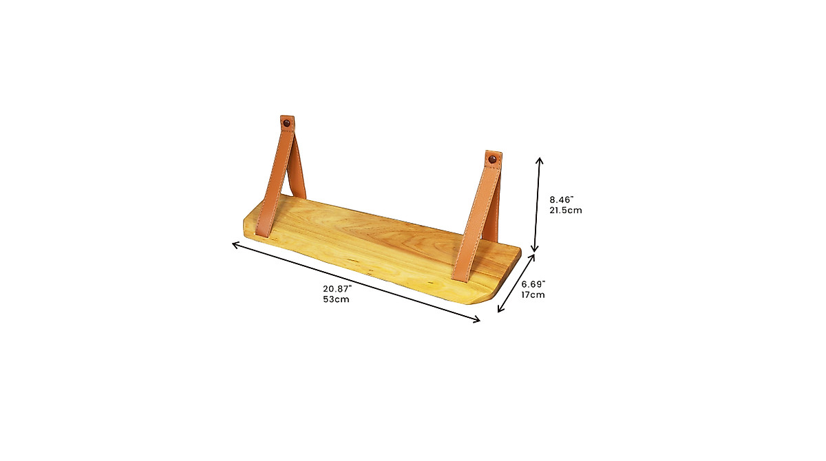 Live Edge Floating Wall Shelf with Leather Strap - 20 Inch