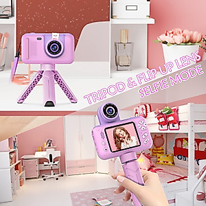 PURULU Upgraded Real 1080P Kids Camera with Flip-up Lens for Selfie & Video, 32GB SD Card Included, 2.4" Screen Camera Toy for 4-12 Years Old Girls Boys on Birthday Party as Gift, Pink