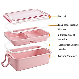 Yesland 3 Packs Bento Box, Wheat Straw 3-In-1 Compartment Japanese Lunch Box with Spoon and Fork, 2 Tier Stackable Lunch Containers for Kids and Adults (Beige, Pink & Green, 950Ml)