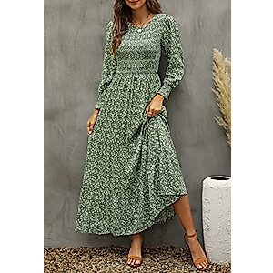 Annebouti Women's 2023 Fall Casual Long Sleeve Maxi Dress Boho Tiered Smocked Office A-Line Modest Floral Long Dresses for Women Olive M