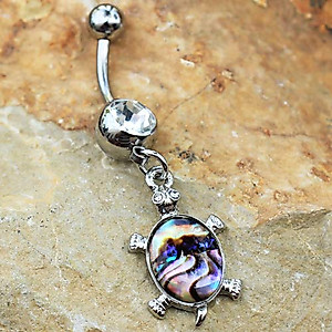 Pierced Owl Teal Abalone Inlay Turtle Dangle Navel Belly Button Ring in 316L Stainless Steel
