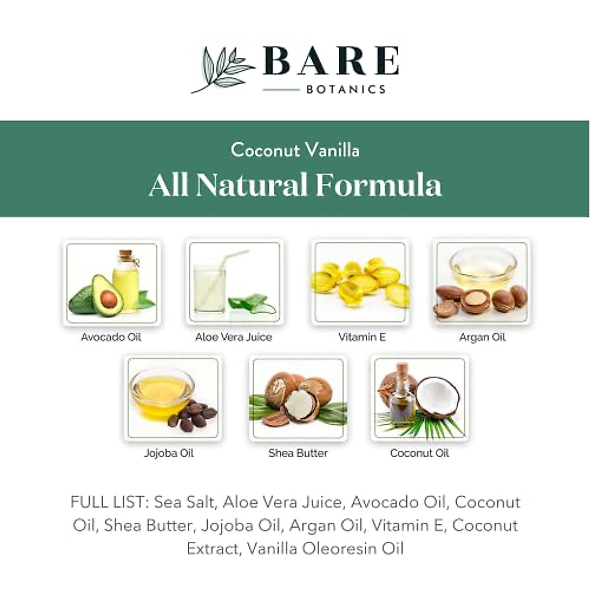 Bare Botanics Natural Body Scrub (Coconut Vanilla) – Gentle Exfoliator & Super Moisturizer | Includes a Wooden Spoon | No Synthetic Fragrances, No Nut Oils, Ready to Gift | Net Weight 24oz