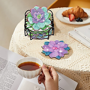 8 PCS Green Plant Diamond Art Coasters Green Plant Diamond Art Coasters Kits with Holder Green Plant DIY Coasters Coasters for Beginners, Adults, Kids, Diamond Art Crafts Supplies
