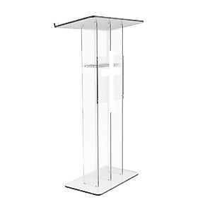 FixtureDisplays® Clear Podium Plexiglass Lecturn Transparent Church Pulpit with Christian Church White Cross Trinity Style Easy Assebmly Required 15411+1803CROSS-NF