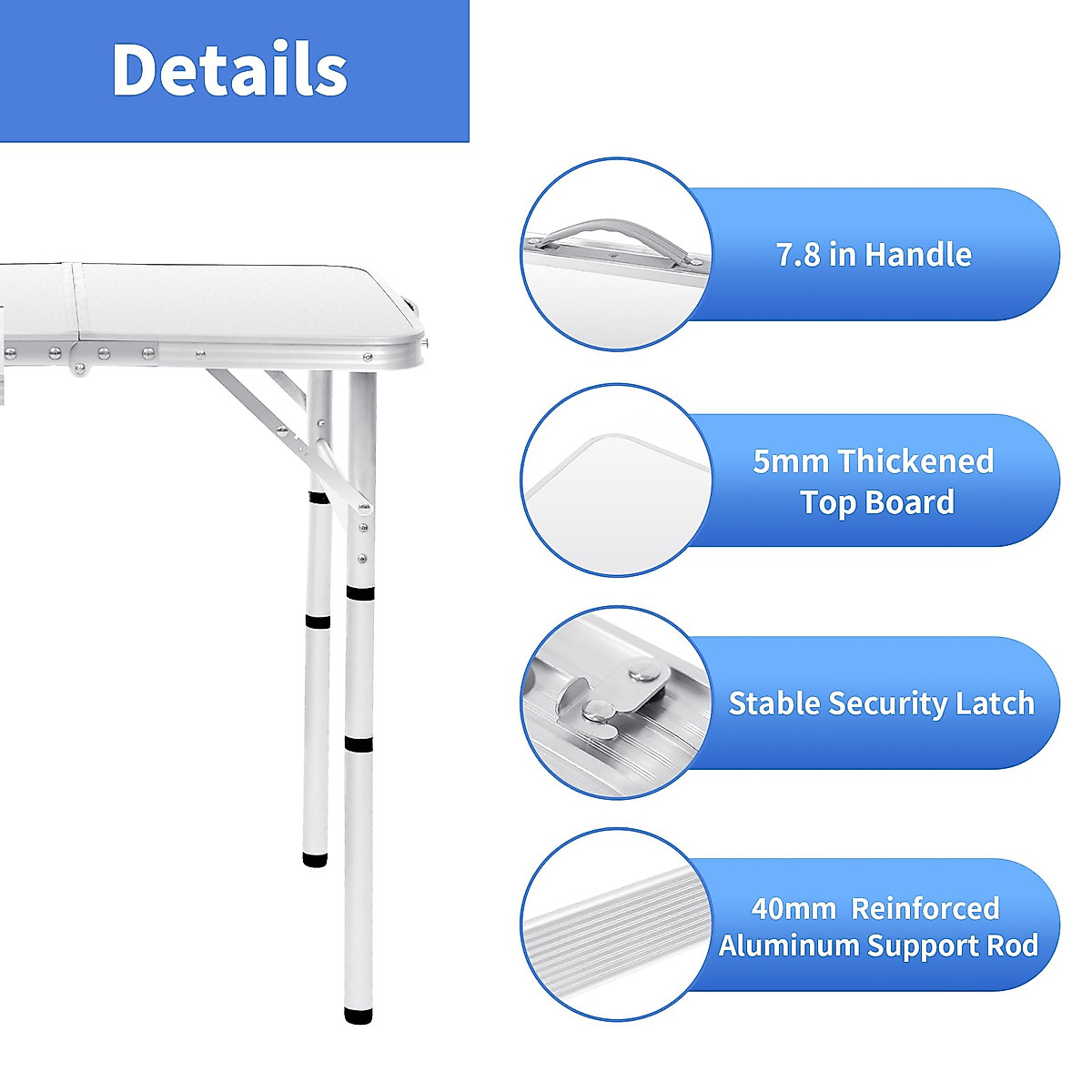 Moosinily Small Folding Table 2FT Foldable Camping Table Portable Picnic Table Metal 4 Height Adjustable Outdoor for Beach BBQ White 23.6×15.7 inch