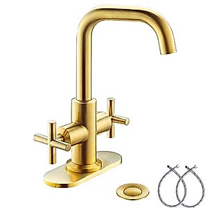 Phiestina Brushed Gold 2-Handle 4 Inch Centerset Bathroom Faucet with Drain,Deck Plate and Supply Hoses, Fit for 1 or 3 Hole, SGF002-10-BG