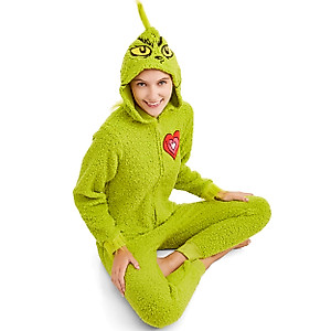 The Grinch Women's Fuzzy Plush Warm Holiday Hooded Union Suit Pajamas (Green, 3X)