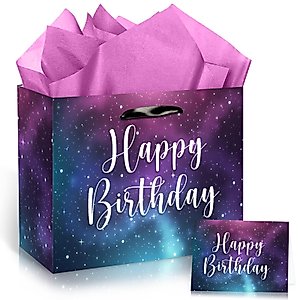 Space Galaxy Birthday Gift Bags, Large Purple Space Galaxy Happy Birthday Party Favor Bags with Greeting Card and Tissue Wrapping Paper for Men Women Kids Adults Anniversary Birthday Party Supplies
