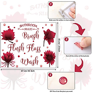 Set of Bathroom Wall Decals Stickers Wash Brush Flush Floss Bathroom Rules Wall Decor Sticker Waterproof Flower Sign Sticker for Bathroom Kitchen Home DIY Decorations