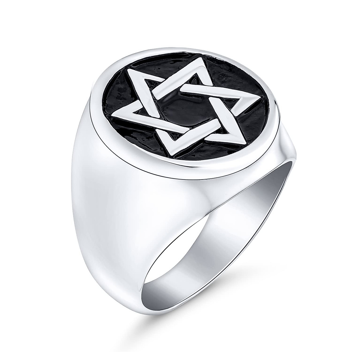 Bling Jewelry Personalize Large Statement Religious Magen Judaic Hanukkah Star of David Bar Mitzvah Round Signet Band Ring for Men Enamel Silver Tone Stainless Steel Custom Engraved