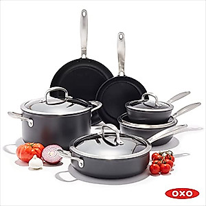 OXO Good Grips Pro 10 Piece Cookware Pots and Pans Set, 3-Layered German Engineered Nonstick Coating, Stainless Steel Handle, Dishwasher Safe, Oven Safe, Black