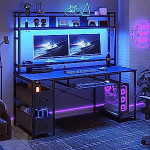SEDETA Gaming Computer Desk, 55" Gaming Desk with LED Lights and Hutch, Computer Desk with Drawer, Power Outlet, Storage Shelves and Monitor Stand, Home Office Desk, Gamer Desk PC Table, Black