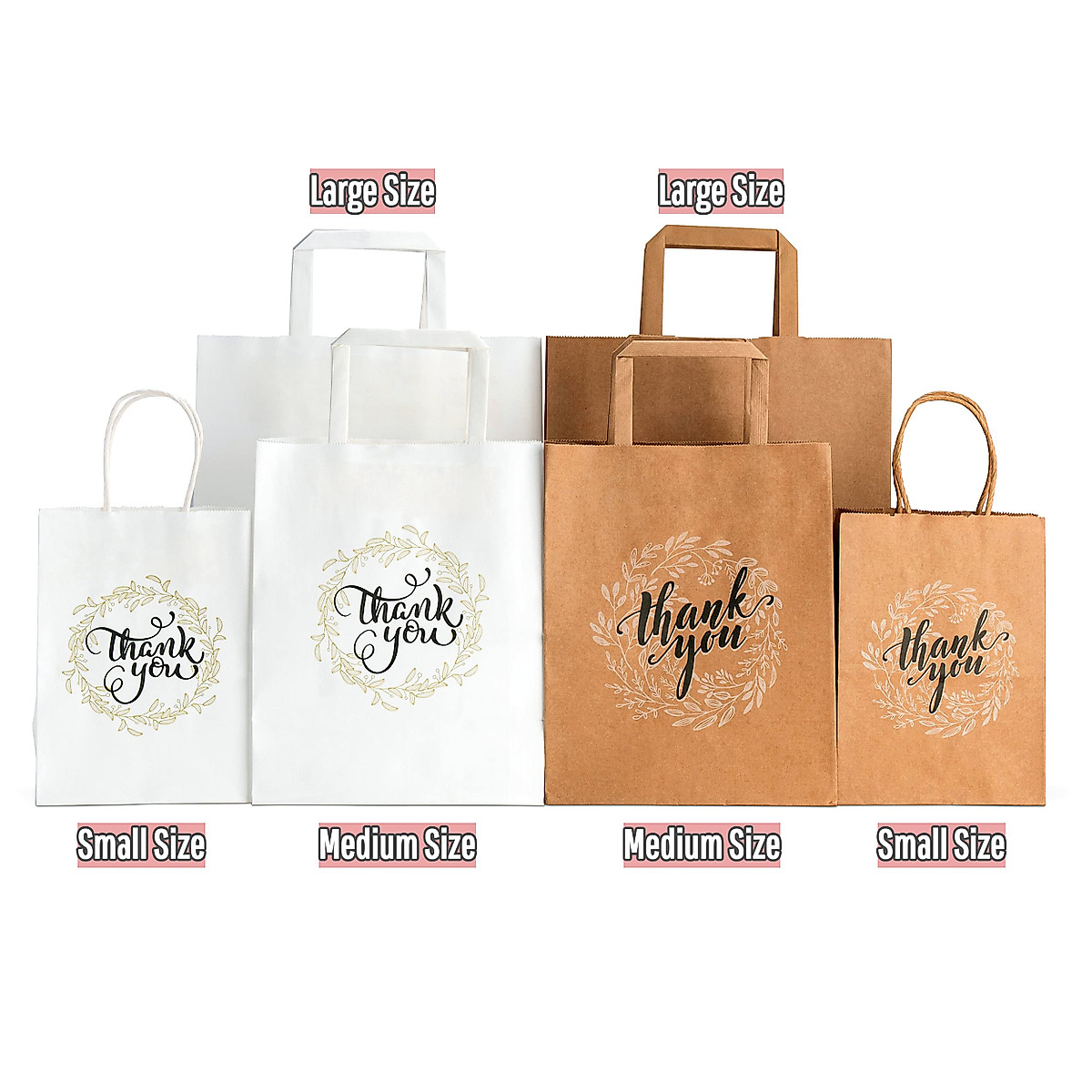 OSpecks 50 Count Small Thank You Gift Bags Bulk with Handles, White Kraft Paper Bags for Retail Shopping, Wedding, Goodies, Merchandise for Customers or Guests, Size 5.25 x 3.75 x 8 Inches