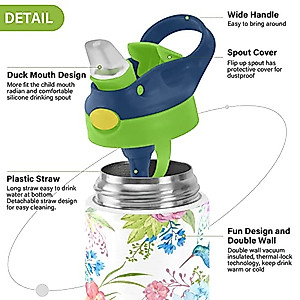 Flower Birds Kids Water Bottle with Straw Lid - 12 oz Double Wall Vacuum Insulated Stainless Steel Water Bottle Leak Proof Reusable Thermos for Toddlers, Girls, Boys