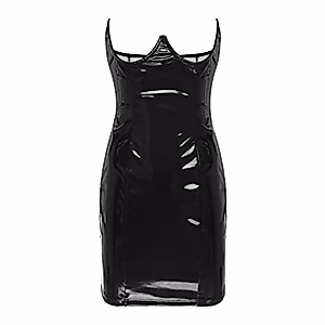Lejafay Women Sexy Push-up Underbust Corset Dress Wet Look Latex Bodycon Open Cups Mini Dress Black 3X-Large
