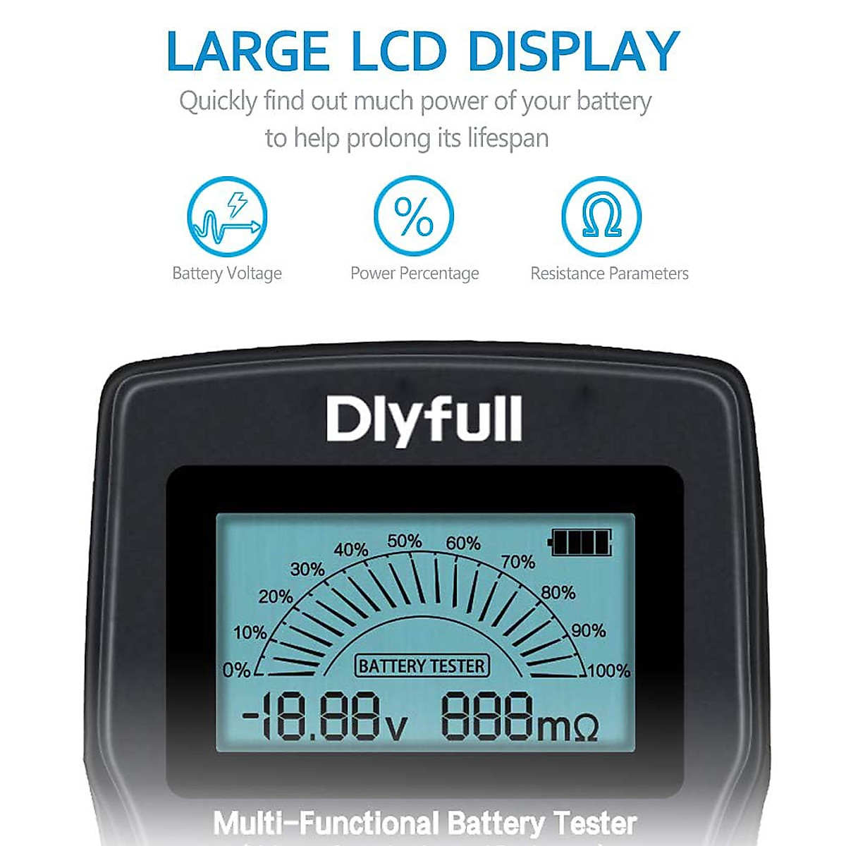 Dlyfull Universal Battery Tester with LCD Display, Small Digital Battery Voltage Resistance Checker for Ni-MH, Ni-CD, Li-ion, Alk & LiFe04 Batteries(AA AAA C D 9V 12V 18650 CR123A 2CR5 CR2032 Cells)