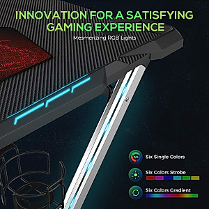 EUREKA ERGONOMIC Z1S PRO Gaming Computer Desk RGB LED Lights 44.5 inch Z Shaped Home Office PC Gaming Desks Table with Cup Holder Headset Hook & Mouse Pad, Sliver