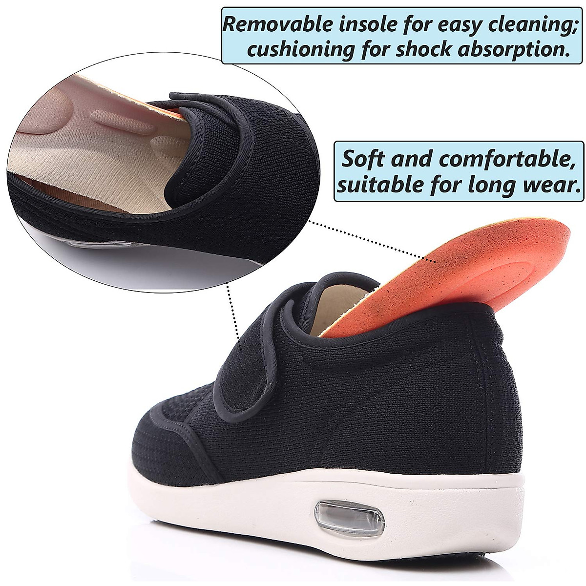 W&LESVAGO Women's Extra Wide Diabetic Arthritis Edema Shoes, Air Cushion Adjustable Closures Walking Shoes(Mesh Black,9.5)