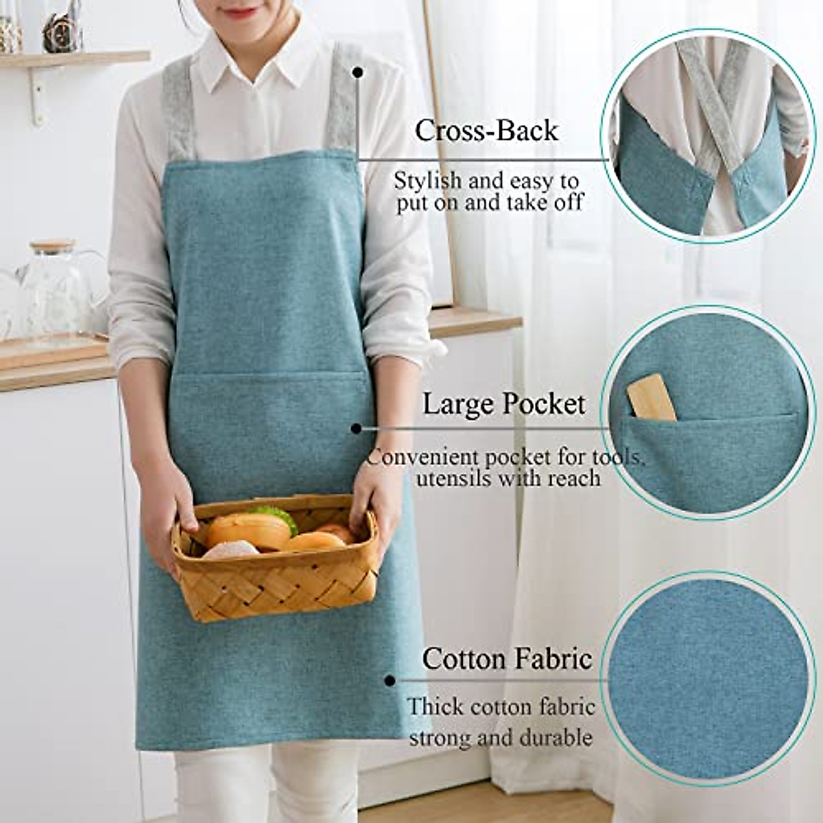 DXYAKY Cotton Apron for Women Cross Back Apron with Pockets for Kitchen Cooking No Tie Apron for Painting Gardening Cleaning