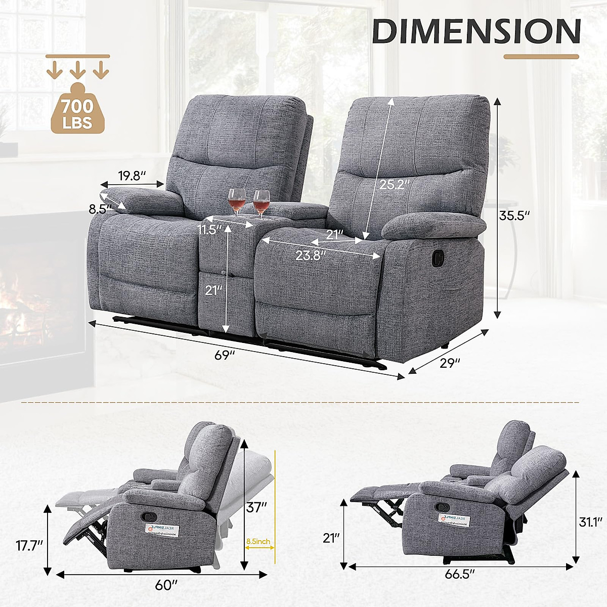 VUYUYU Reclining Sofa, Double Reclining Loveseat with Console, 2 Seater Sofa Home Theater Seating, Fabric Recliner Sofa Couches with Storage and Cup Holders (Gray)