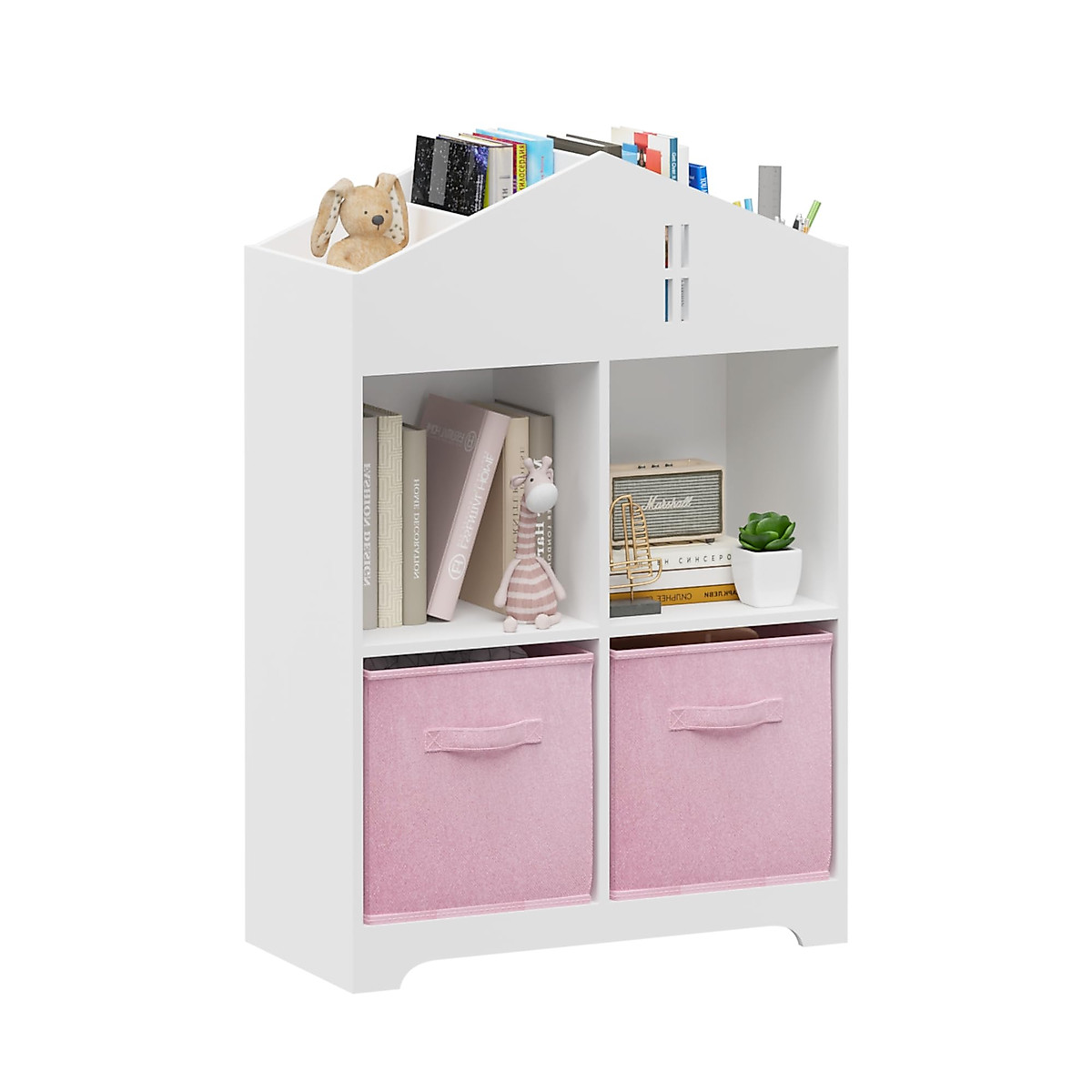 Tzou Kids Dollhouse Bookcase with Storage, Toddler Bookshelf, 2-Tier Storage Display Organizer with 2 Collapsible Fabric Drawers for Boys Girls Bedroom, Playroom House Bookshelf White+Pink