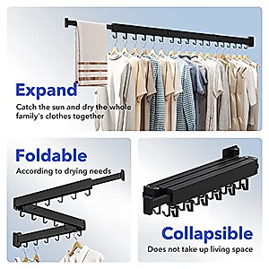 ADUUNKA Clothes Drying Rack Wall Mounted, Wall Mount Laundry Drying Rack, Drying Rack Clothing, Laundry Rack Retractable, Foldable Clothes Hanger Rack, Laundry Hanging Rack, Black Color（J-Hooks