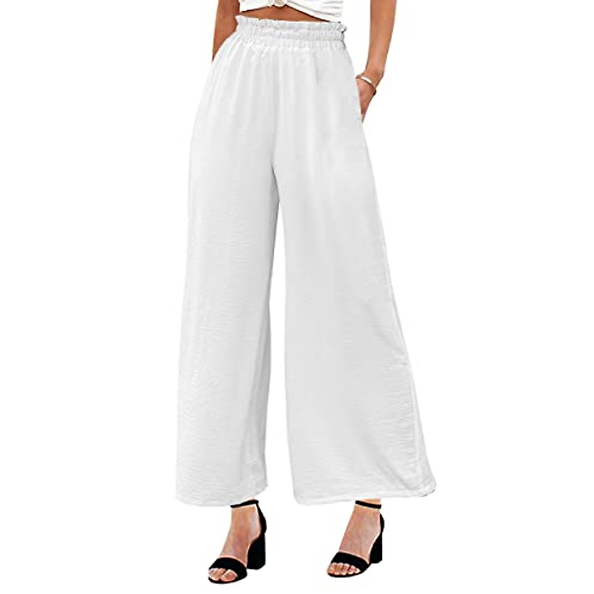Pasgreson Womens Elastic High Waist Wide Leg Pants Palazzo Lounge Pants Casual Loose Flowy Pants with Pockets White 3XL