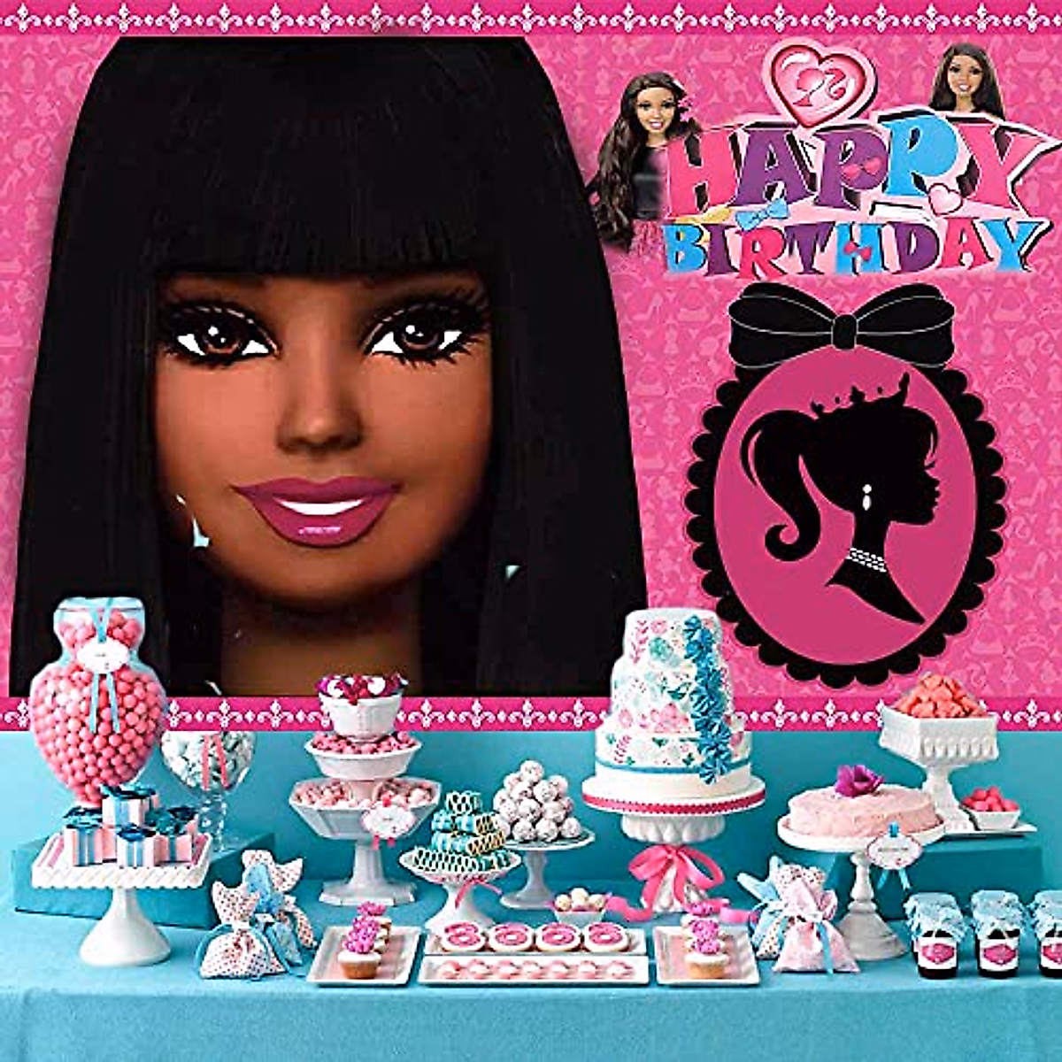 Black Barbie Party Backdrop Pink Photography Background Glamour Girl Lady Birthday Party Banner Cake Table Decoration Decor Props Photo Shoot 7x5Ft