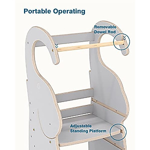 PP OPOUNT Toddler Kitchen Stool, 3-Level Adjustable Toddler Tower, Wood Step Stools for Kids with Safety Protective Net and Non-Slip Mat, Elephant Style, Solid Wood Gray