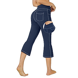 G4Free Bootcut Denim Capri Pants for Women Casual Summer Stretchy Jean Capris Pull On Flare Jeggings with Pockets(Navy,XL,21")