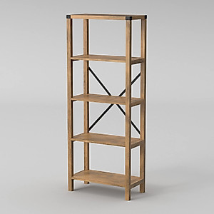 Landia Home Etagere Bookcase with 5 Tier Storage, Metal Plated Top Edges, Industrial Design, Brown