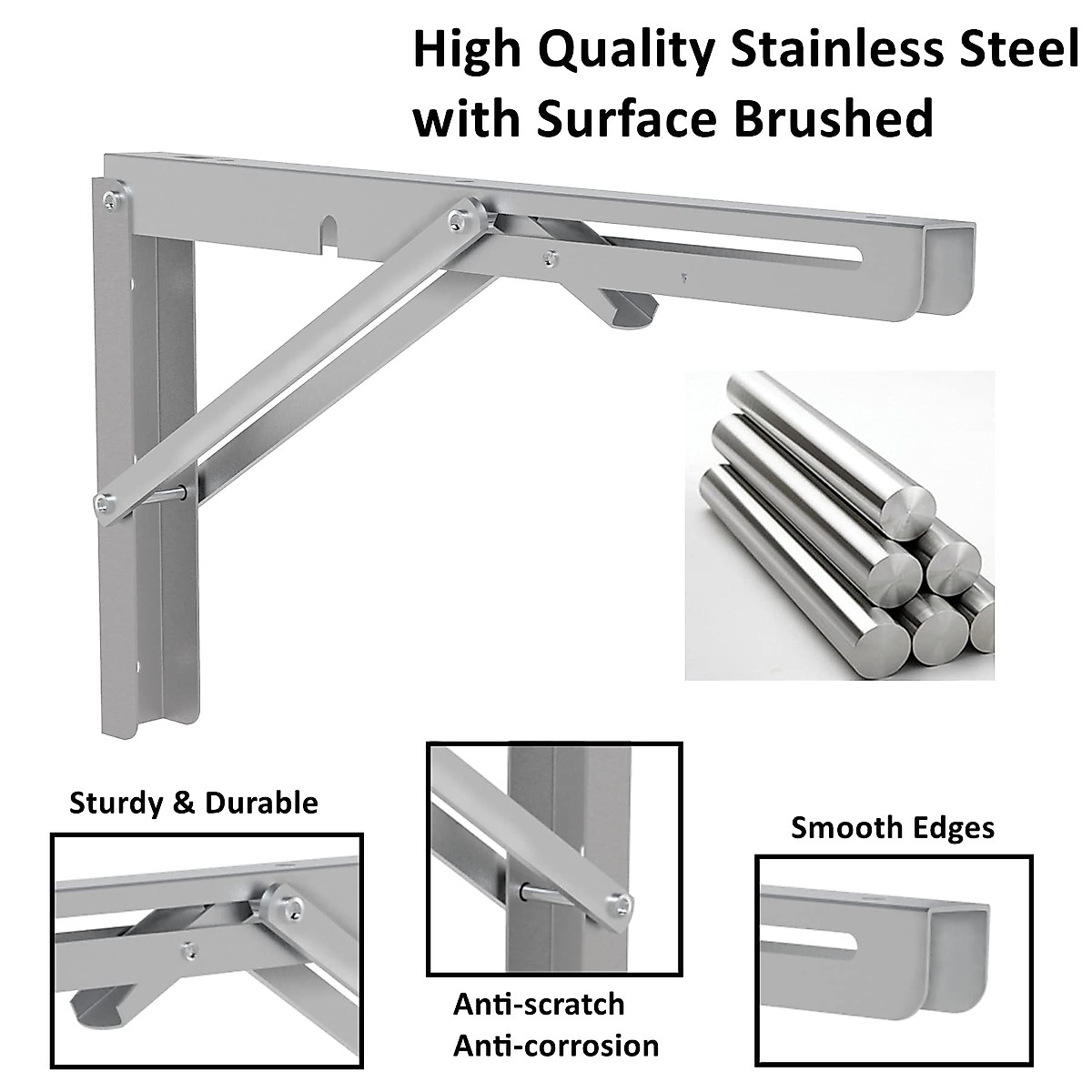 MySit 16" Folding Shelf Brackets 4 PCS, Max Load 550lb Heavy Duty Stainless Steel DIY Collapsible Wall Mounted L Shelf Bracket Space Saving for Table Work Bench