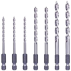 NordWolf 7-Piece HSS Brad Point Wood Drill Bit Set with 1/4" Hex Shank for Carpenter Woodworking, SAE Sizes 1/8"(x3)-3/16"(x2)-1/4"(x2)