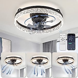 LEDIARY 20 Inch Modern Ceiling Fans with Lights and Remote, Oscillating Low Profile Ceiling Fan, Flush Mount Bladeless LED Ceiling Fan, Dimmable, Stepless Color Changeable, 6 Wind Speeds - Black