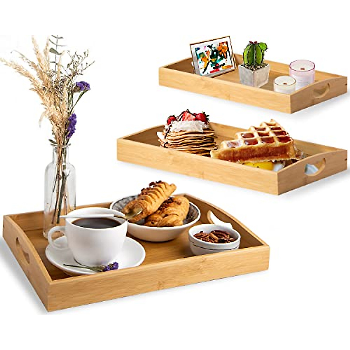 Premium Bamboo Serving Trays Set of 3 - Natural Finish | Stylish and Functional Serving Platters for Food Presentation | Sustainable and Durable Kitchen Accessories