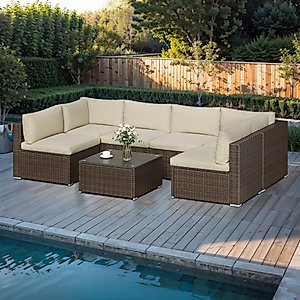 Wisteria Lane 6 Piece Outdoor Patio Furniture Sets, Outdoor Sectional Furniture with Tempered Glass Table and Cushion, Wicker Patio Conversation Sets for Garden Backyard, Grey