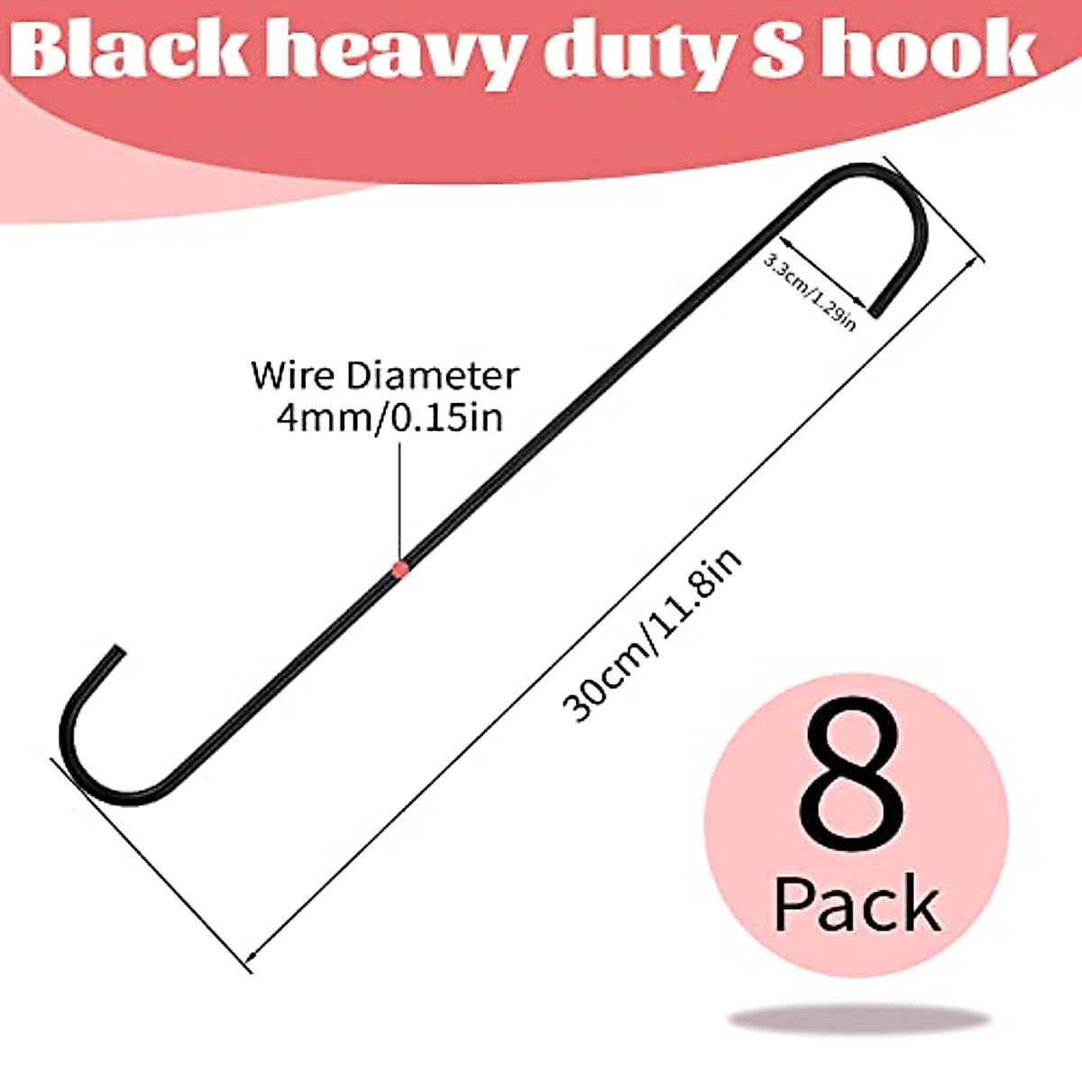 Bercoor 8 Pack 11.8 inch Extra Large S Hooks Black Heavy Duty Plant Hanging Hooks Long S Shaped Extension Hooks for Kitchenware, Pots, Utensils, Plants, Wardrobe, Gardening Tools, Clothes