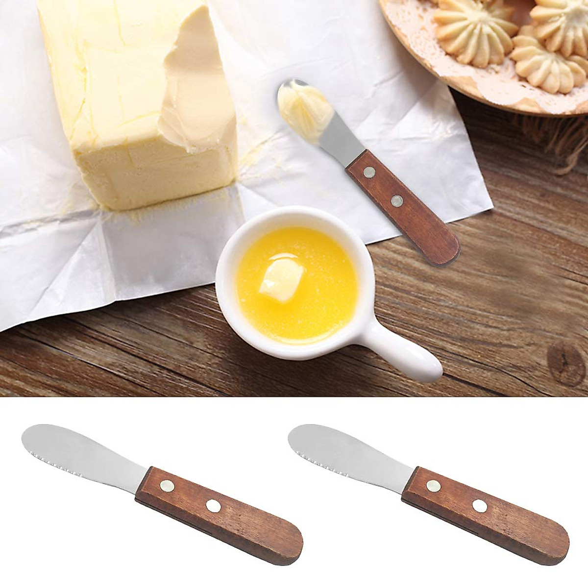 DaKuan 8 Pack Stainless Steel Straight Edge Wide Butter Spreader with Wood Handle, Sandwich Cream Cheese Condiment Knives 5 Inch