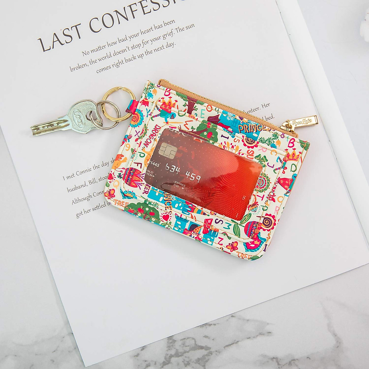 Rose Lake RFID Blocking Credit Card Holder Wallet Slim Card Case Front Pocket Wallet with Key Ring for Women Girls (Colorful Garden)