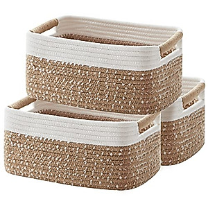 OIAHOMY Woven Baskets for Storage, Storage Baskets for Shelves, Cotton Rope basket set, Decorative Storage Baskets, Nursery Organization, Rectangle Basket With Handles, Pack of 3, Yellow and White