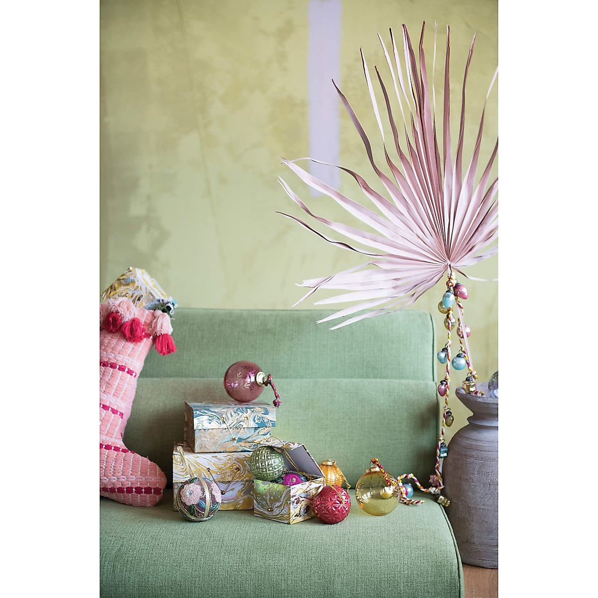 Creative Co-Op Embossed Glass Ornaments in Kraft Box, Orange, Pink, and Green, Set of 3