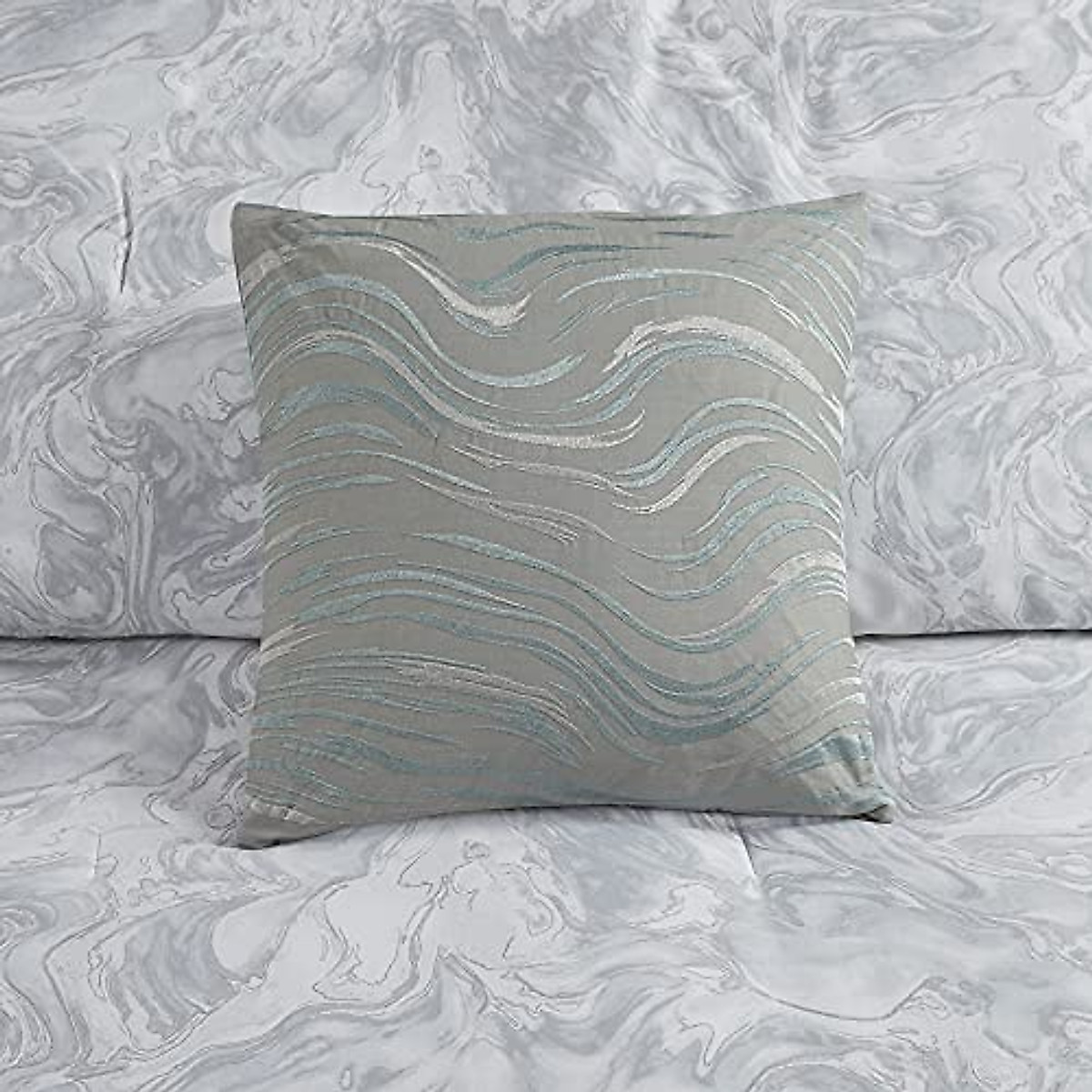 Madison Park Emory Cozy Cotton Comforter Set, Modern Marble Design All Season Down Alternative Casual Bedding with Matching Shams, Decorative Pillows, Queen(90"x90"), Grey 7 Piece