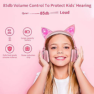 esonstyle Cat Ear Headphones for Kids, Wired Kids Headphones with LED Light Up, 85dB Volume Limited, Foldable 3.5mm Jack Headphones for School/Travel/iPad/Tablet (Peach)
