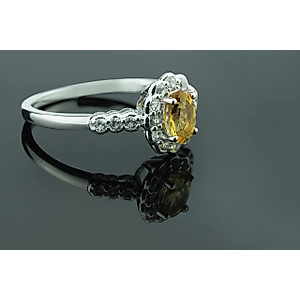 Heartland By Beverley Mitchell .925 Sterling Silver 6X4mm Oval Cut Yellow Citrine & Lab-Created White Sapphire Scalloped Flower Statement Ring - Size 8