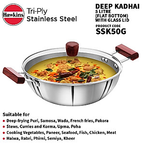 HAWKINS 5 Litre Deep Kadhai, Triply Stainless Steel Kadai with Glass Lid, Flat Bottom Induction Deep Kadhai, Big Kadai, Silver (SSK50G)