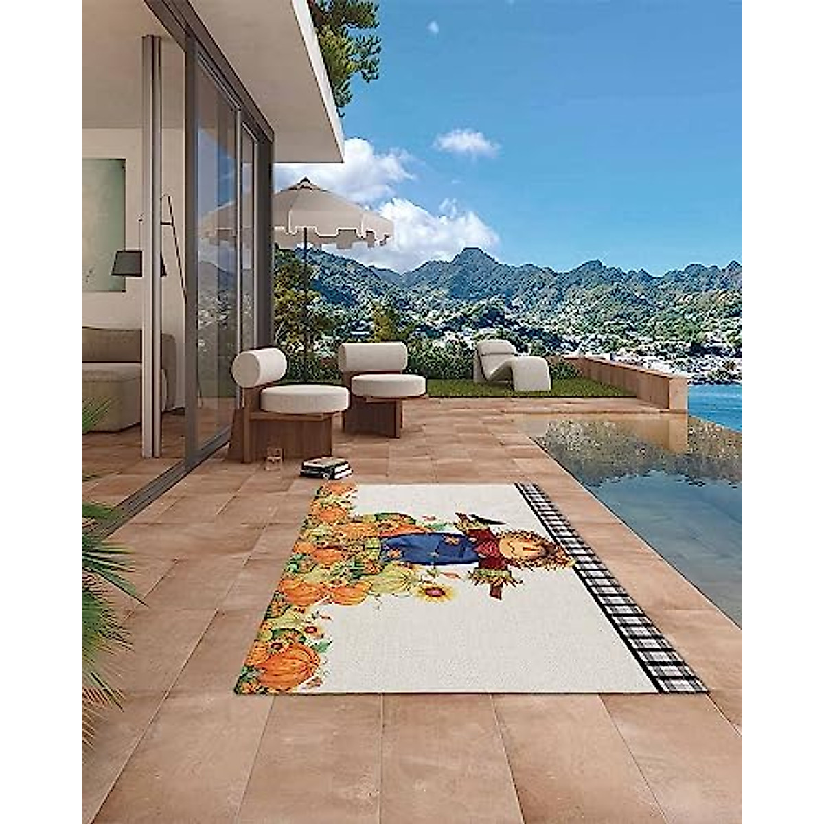 Outdoor Area Rug for Patio,Scarecrow Pumpkin Autumn Thanksgiving Camping Rugs Indoor Large Floor Mat 4x6ft,Farmhouse Black Plaid Linen Outside Carpet for Deck RV Picnic Porch Backyard Bedroom