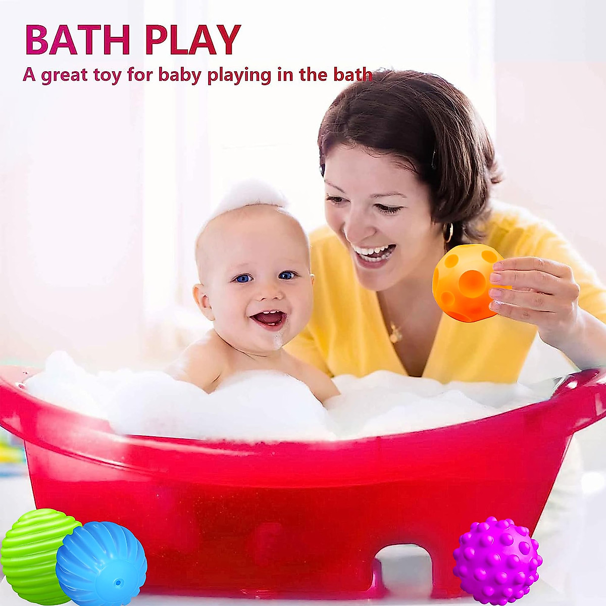 Montessori Toys for Babies 3 Months+, Baby Balls 3 to 12 Month for Babies & Toddlers 3M+, Textured Multi Ball Set Colorful & Soft Squeezy Sensory Toys. Stress Relief Balls for Infant (4 Pack)