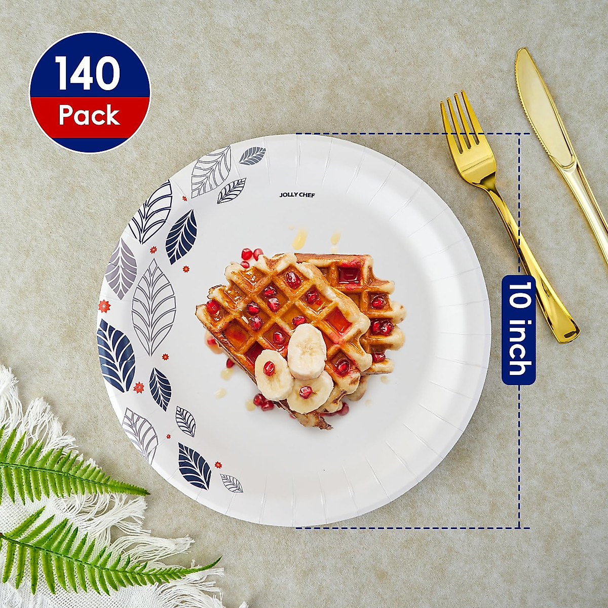 JOLLY CHEF 140 Count Paper Plates 10 inch Soak Proof, Cut Proof, Heavy Duty Leaf Printed Disposable Paper Plates for Everyday Use