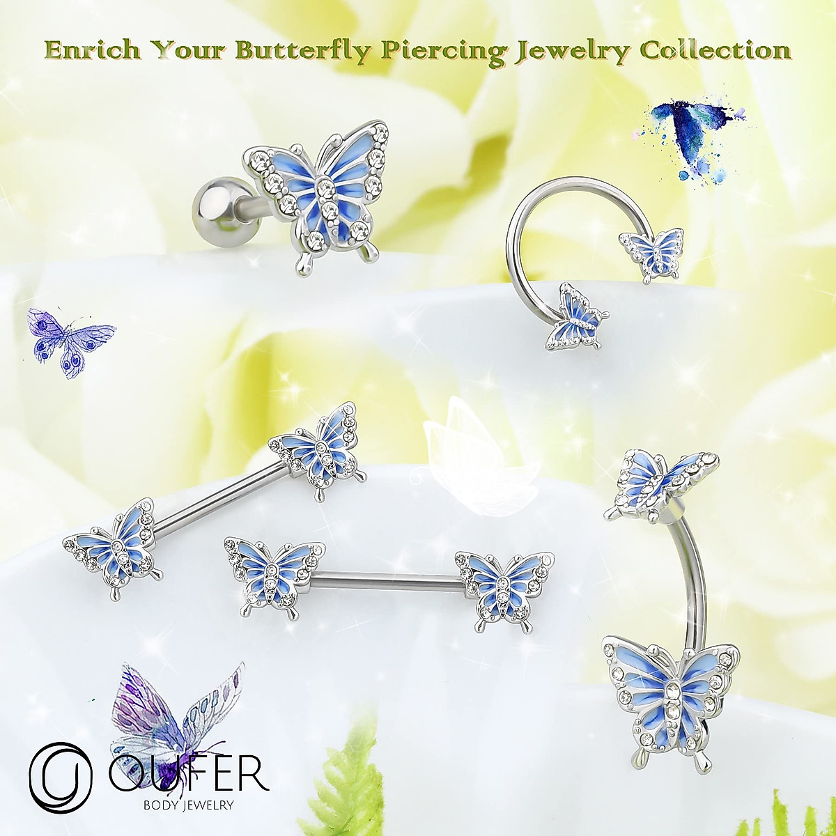 OUFER Butterfly Nipple Rings, 316L Surgical Steel Paved Shiny Clear CZ Nipple Barbells,14G Nipple Piercing jewelry For Women