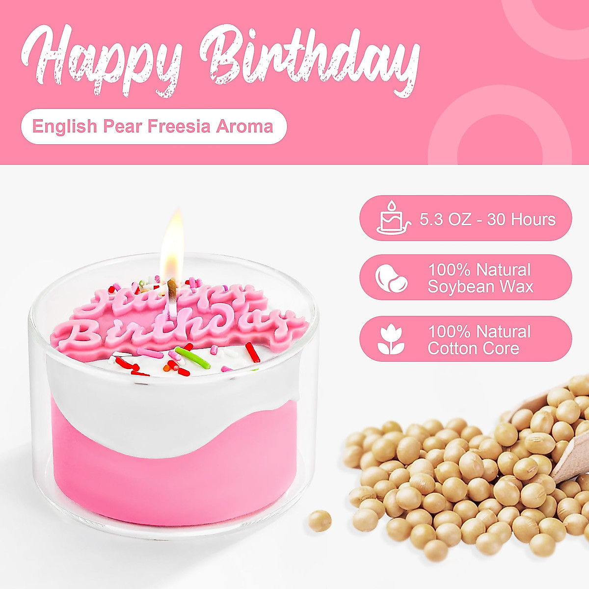 Glehaven Birthday Candles Happy Birthday Gift for Women.Pure Soy Scented Birthday Candle.Unique Candles for Women Birthday Candles for Cake Gift- Pink